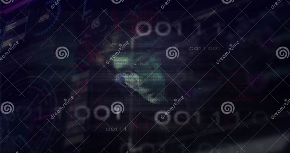Image Of Digital Data Processing With Binary Coding And Asian Male Hacker Stock Illustration