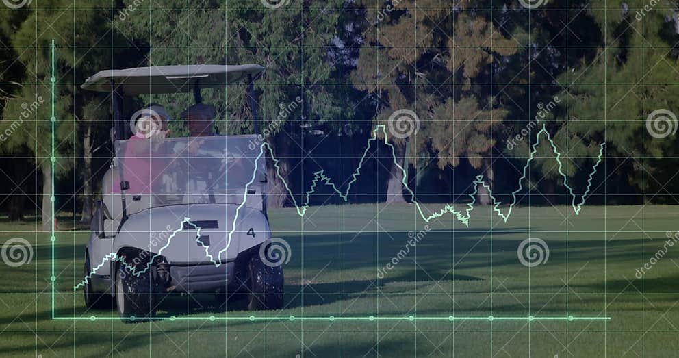 Image of Digital Data Processing Over Caucasian Golf Players in Caddy on Golf Course Stock Image ...