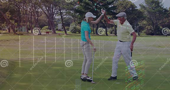 Image of Digital Data Processing Over Caucasian Golf Players in Caddy on Golf Course Stock Image ...