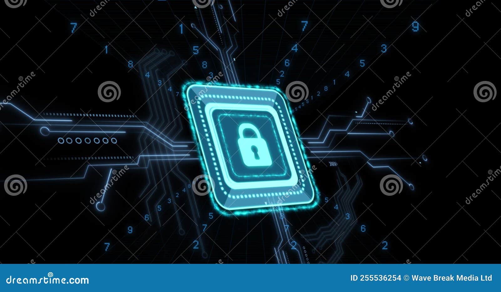 Image of Digital Data Processing and Security Padlock Over Black ...