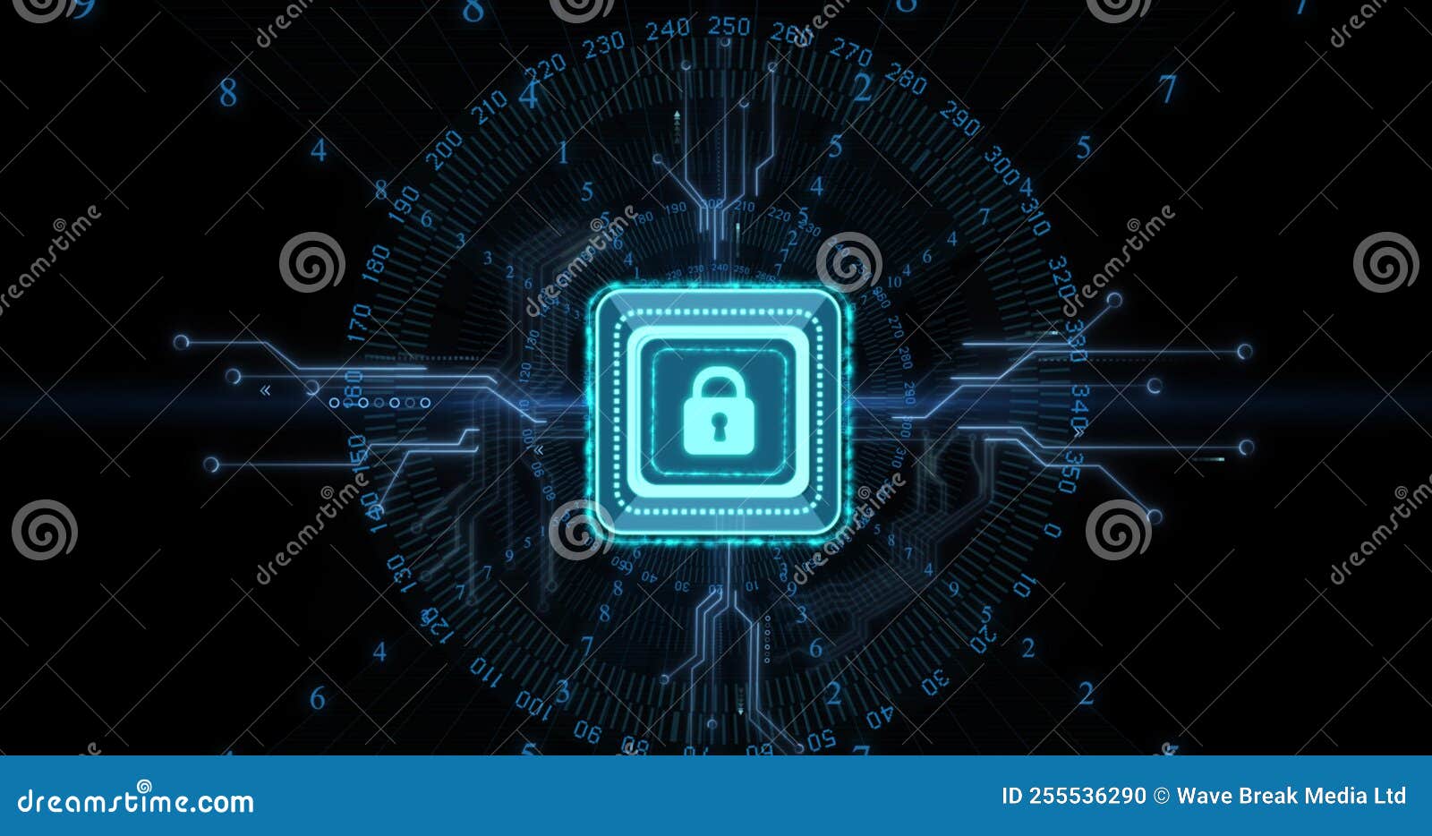Image of Digital Data Processing and Security Padlock Over Black ...