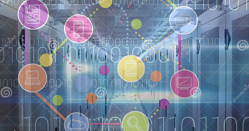 Image of Digital Icons, Binary Coding Over Computer Servers in Background Stock Illustration ...