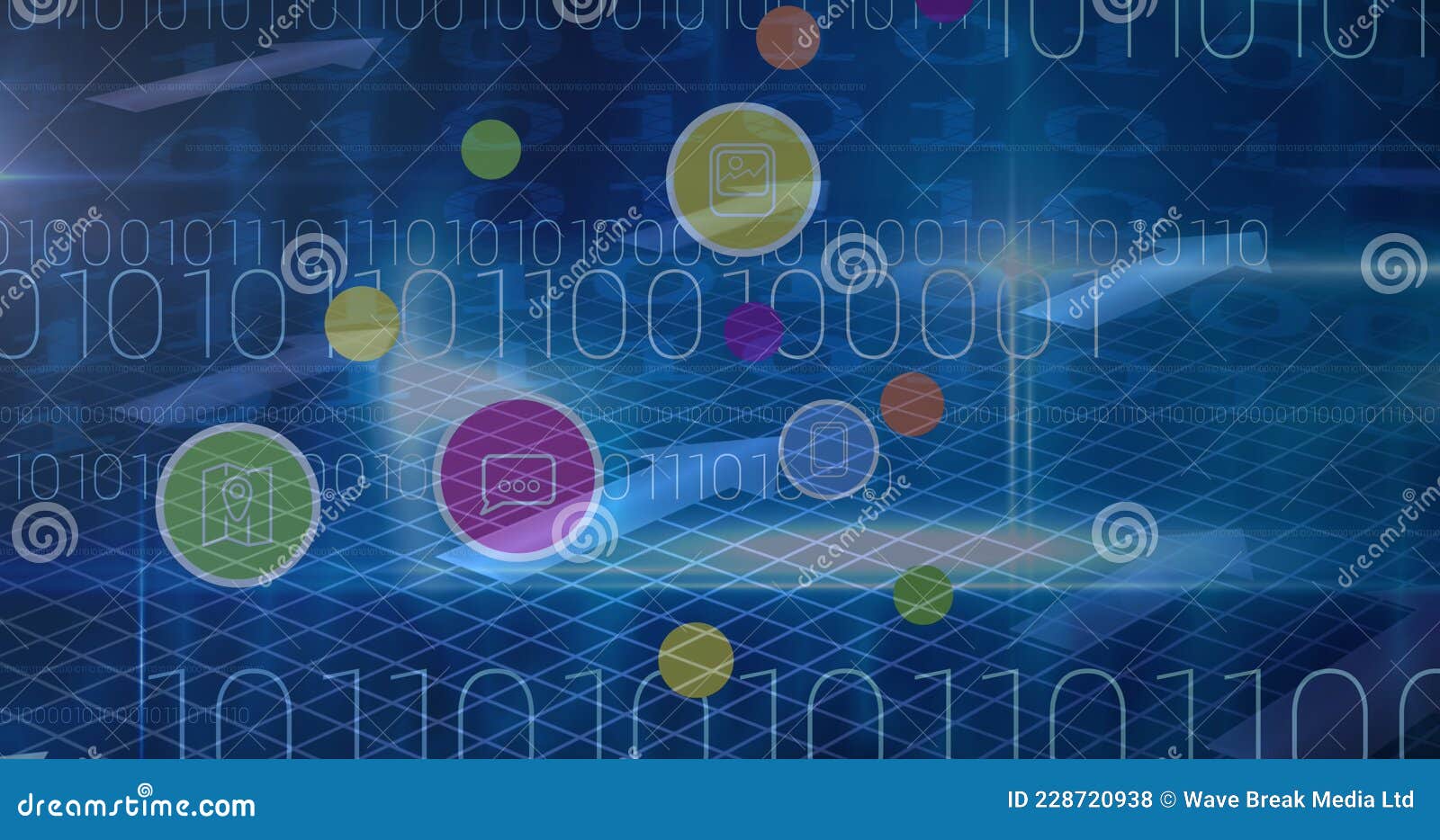 Image Of Digital Icons And Data Processing With Binary Coding Over Arrows On Blue Background