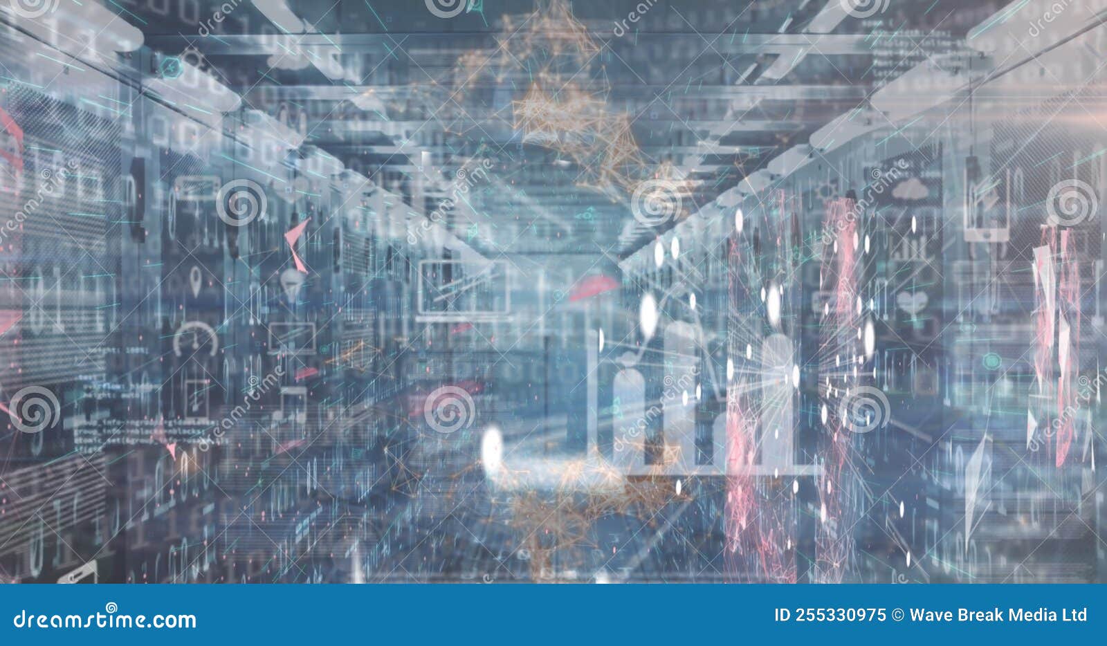 Image Of Digital Icons Data Processing And Binary Coding Over Empty Computer Server Room Stock