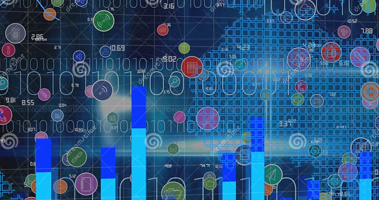 Image Of Digital Icons And Data Processing With Binary Coding Over