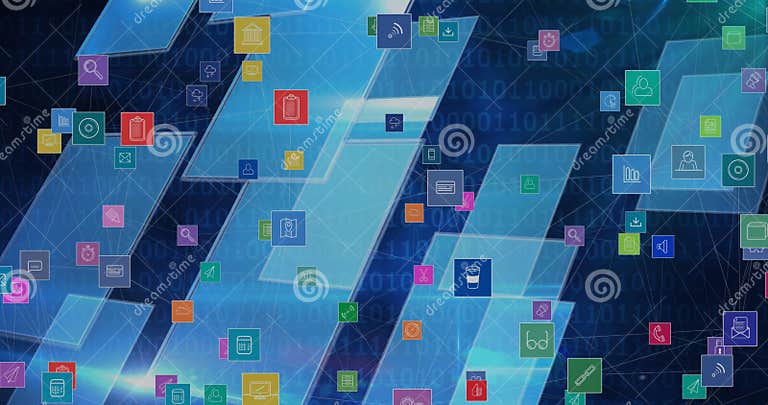 Image of Digital Icons Over Blue Screens and Binary Coding Stock ...