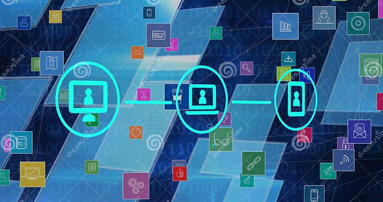 Image of Digital Icons Over Blue Screens and Binary Coding Stock ...