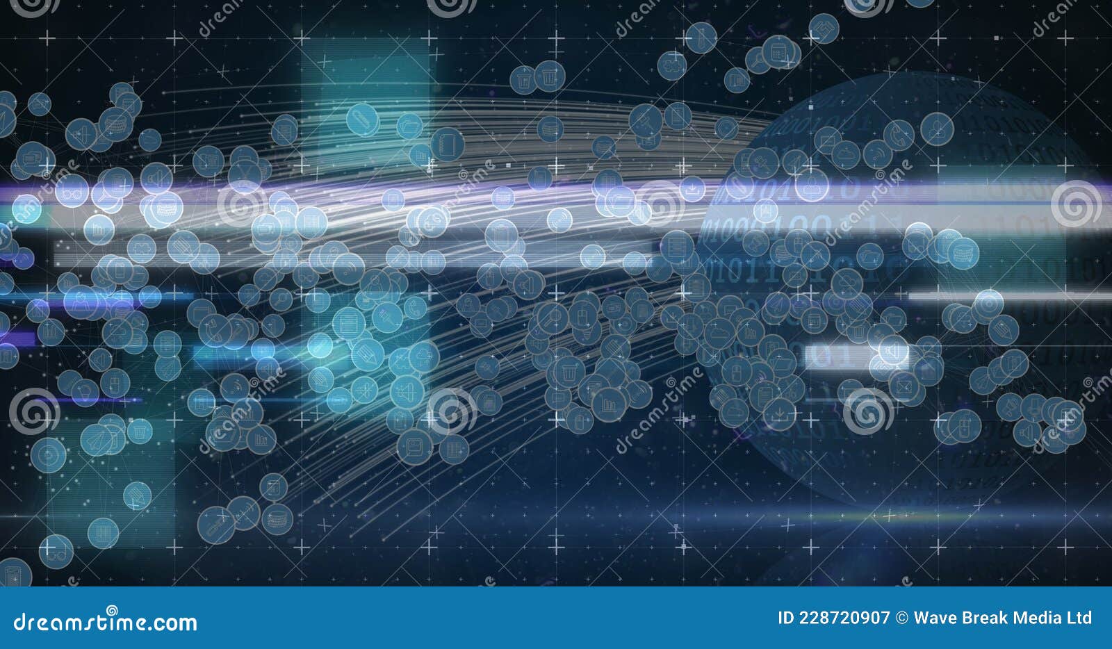 Image of Digital Icons Over Globe with Binary Coding in Background Stock Illustration ...