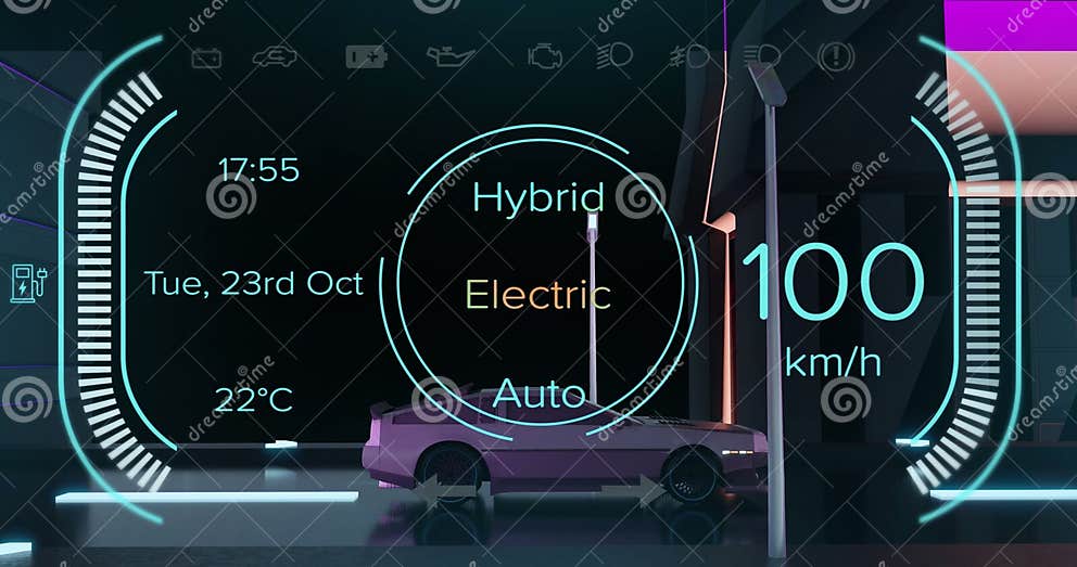 Image of Digital Interface with Charging Text Over Electric Car Driving ...