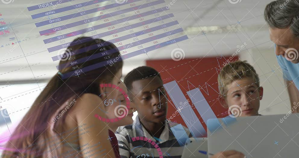 Image of Digital Interface with Data and Graphs Moving Over Male ...