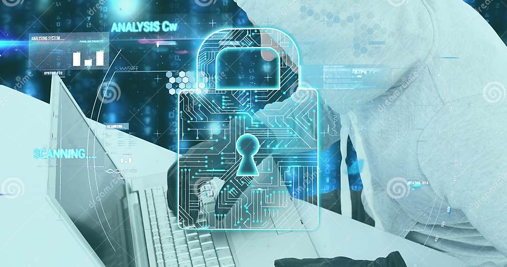 Image of Digital Interface with Data Processing, Online Padlock Over Hacker Using Laptop ...