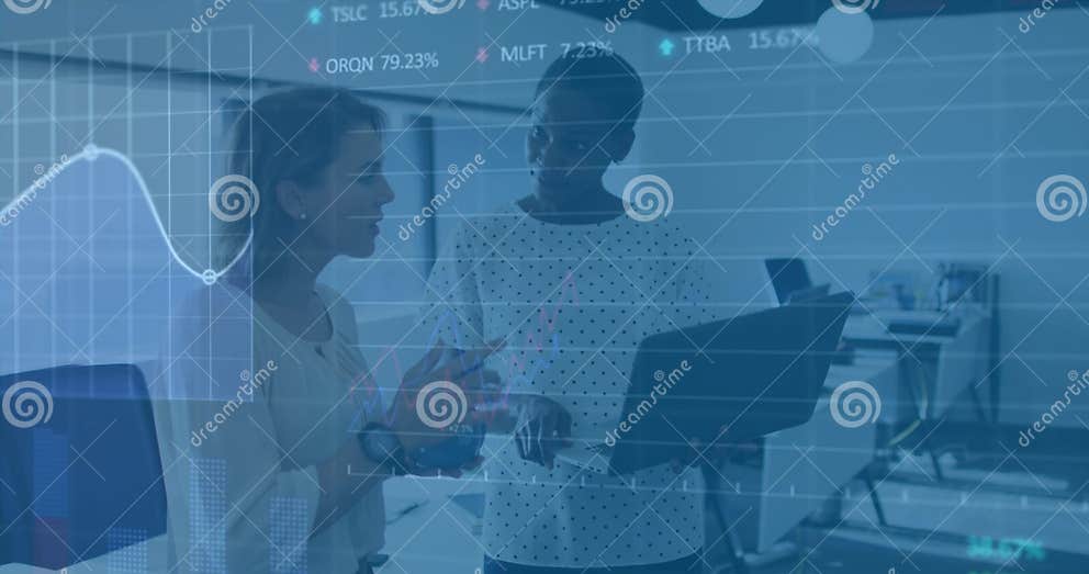 Image of Digital Interface Over Business People Using Phone Headsets ...