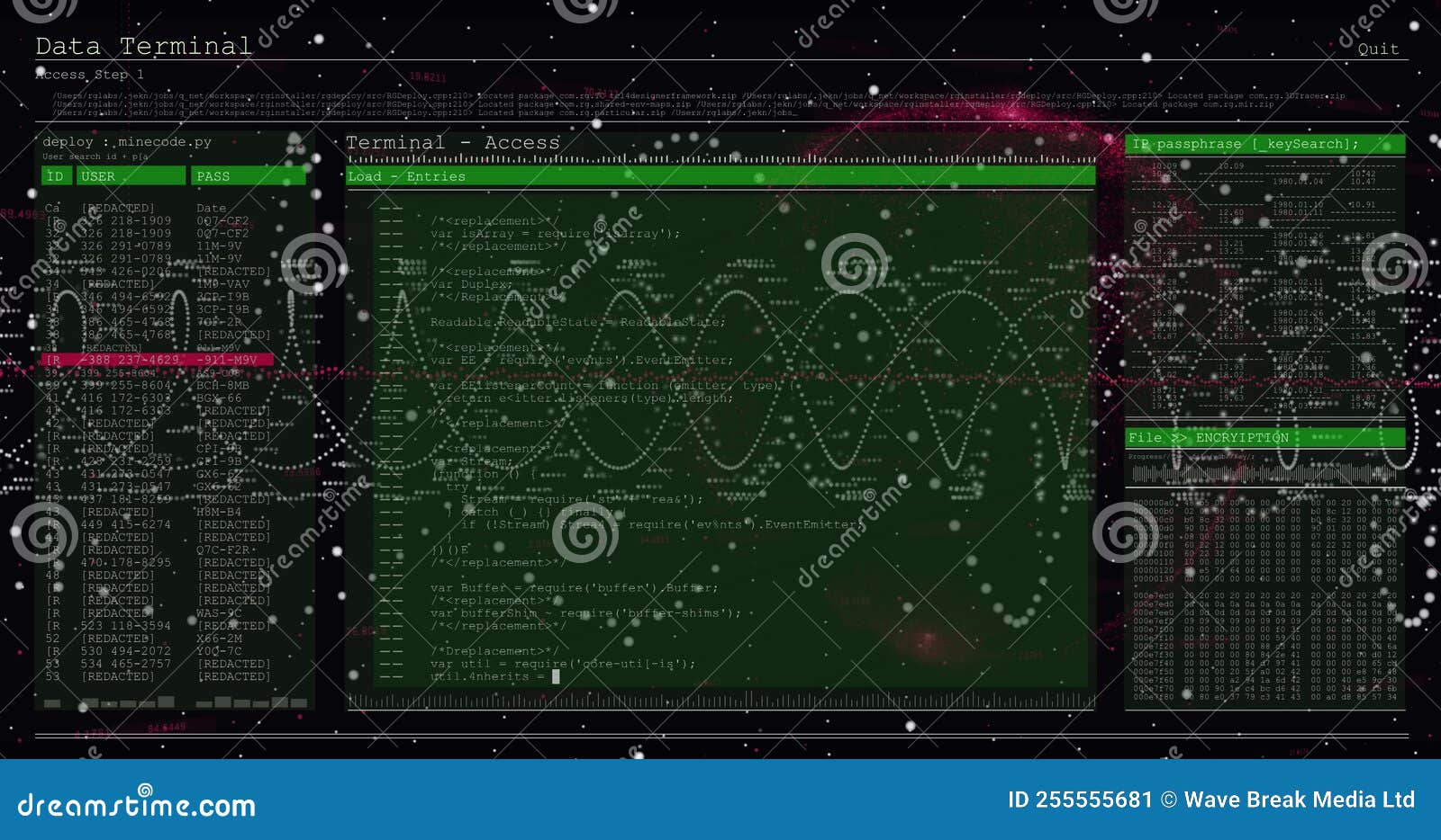 Image of Digital Interface Screen with Programming Language and Spiral Patterns Moving in Loop ...