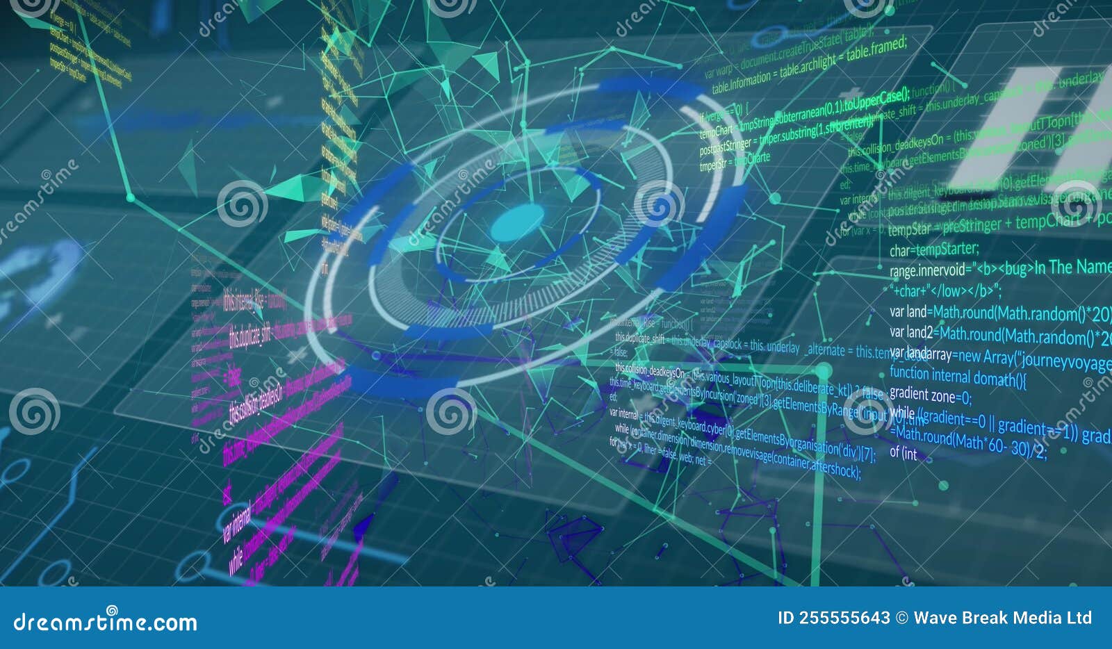 Image of Digital Interface Screens with Circle, Dots Connecting with Lines and Programming Data ...