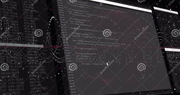 Image of Digital Interface Screens with Programming Language Over Spiral Patterns Stock Image ...