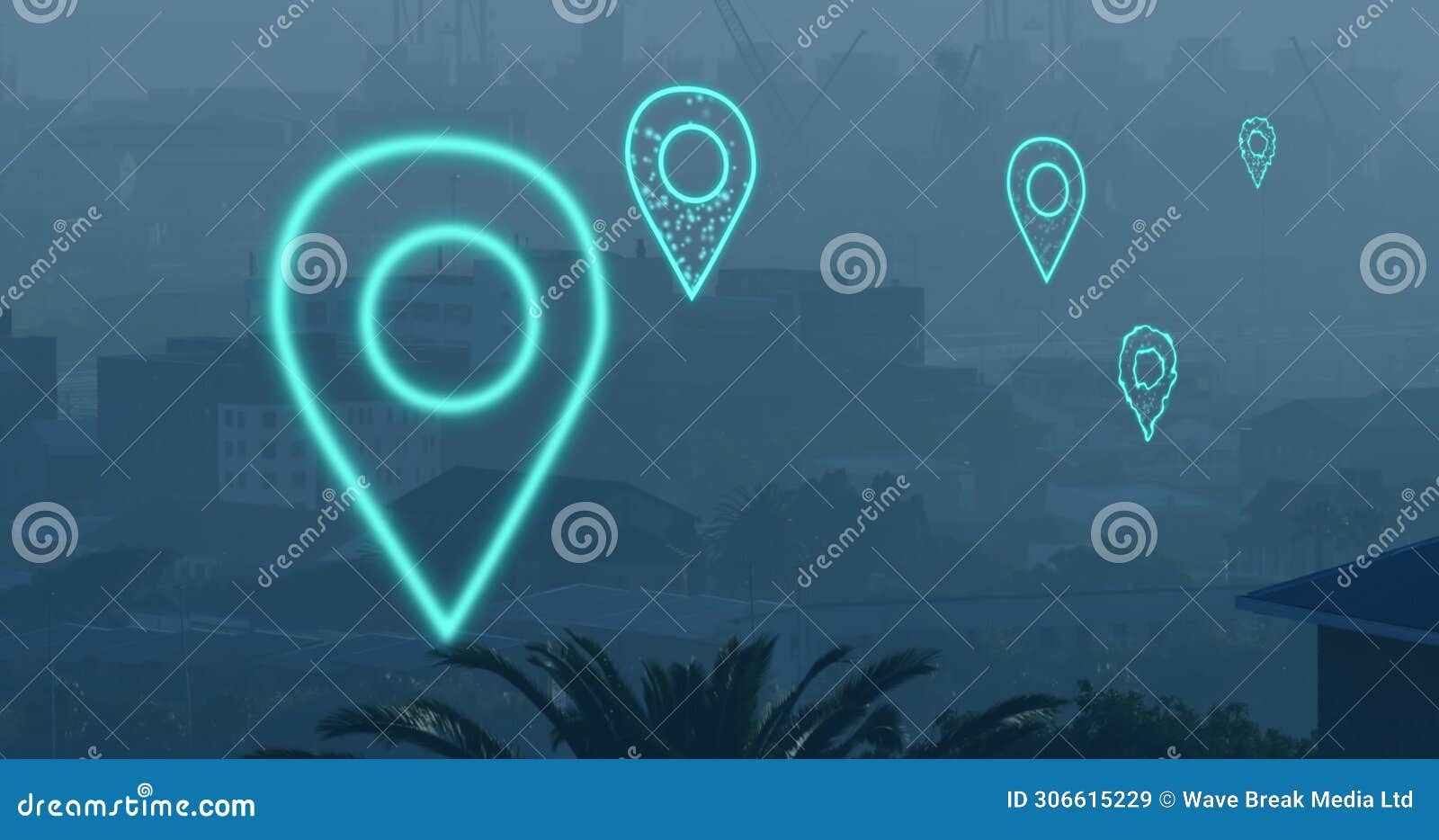 Image of Digital Location Icons Flying Over Cityscape Stock ...