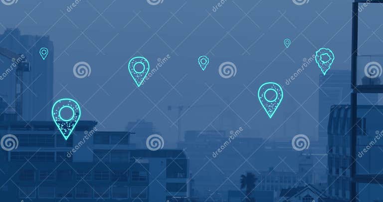 Image of Digital Location Icons Flying Over Cityscape Stock ...