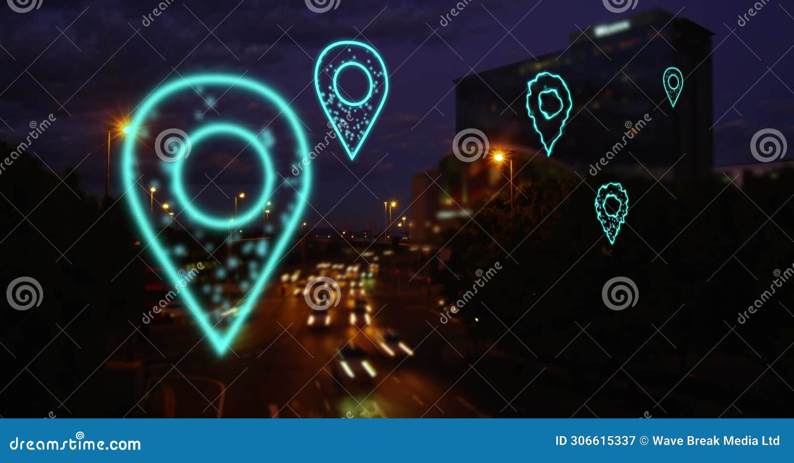 Image of Digital Location Icons Flying Over Cityscape Stock ...