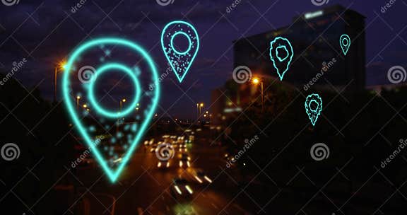 Image of Digital Location Icons Flying Over Cityscape Stock ...