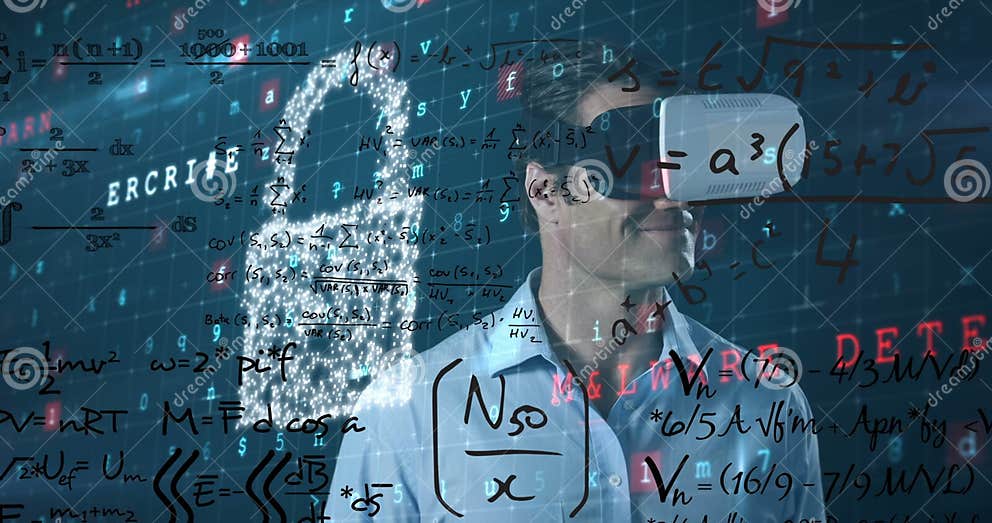 Image of Digital Padlock and Virus Scanning Over Caucasian Man in Vr ...