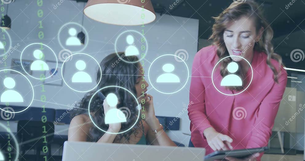 Image of Digital People Icons and Binary Coding Over Diverse Business People in Office Stock ...