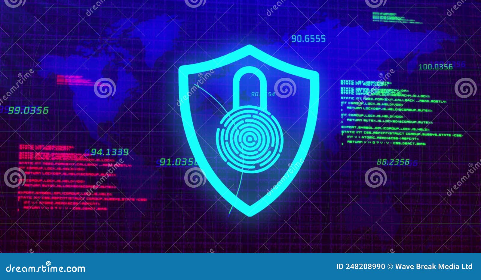 Image of Digital Shield with Padlock Over Blue Background with World ...