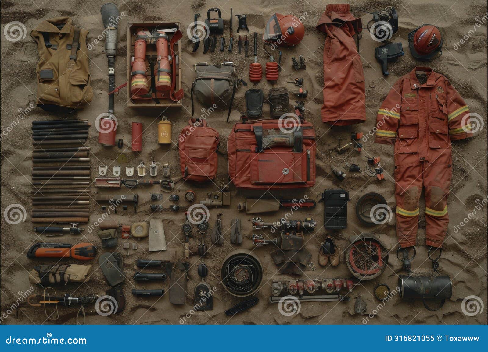 Comprehensive Assortment of Firefighter Gear and Equipment on Sand ...