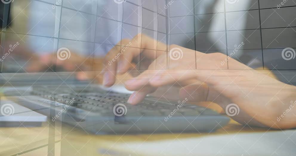 Image of Diverse Business People Using Computers Over People Walking ...