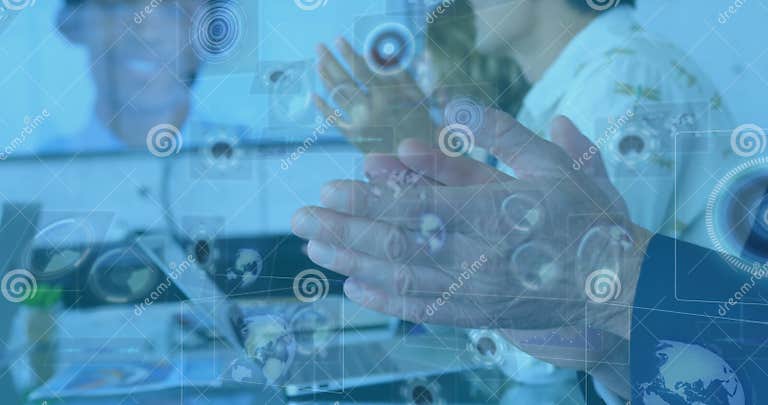 Image of Diverse Data on Digital Screen Over Businesspeople Clapping ...