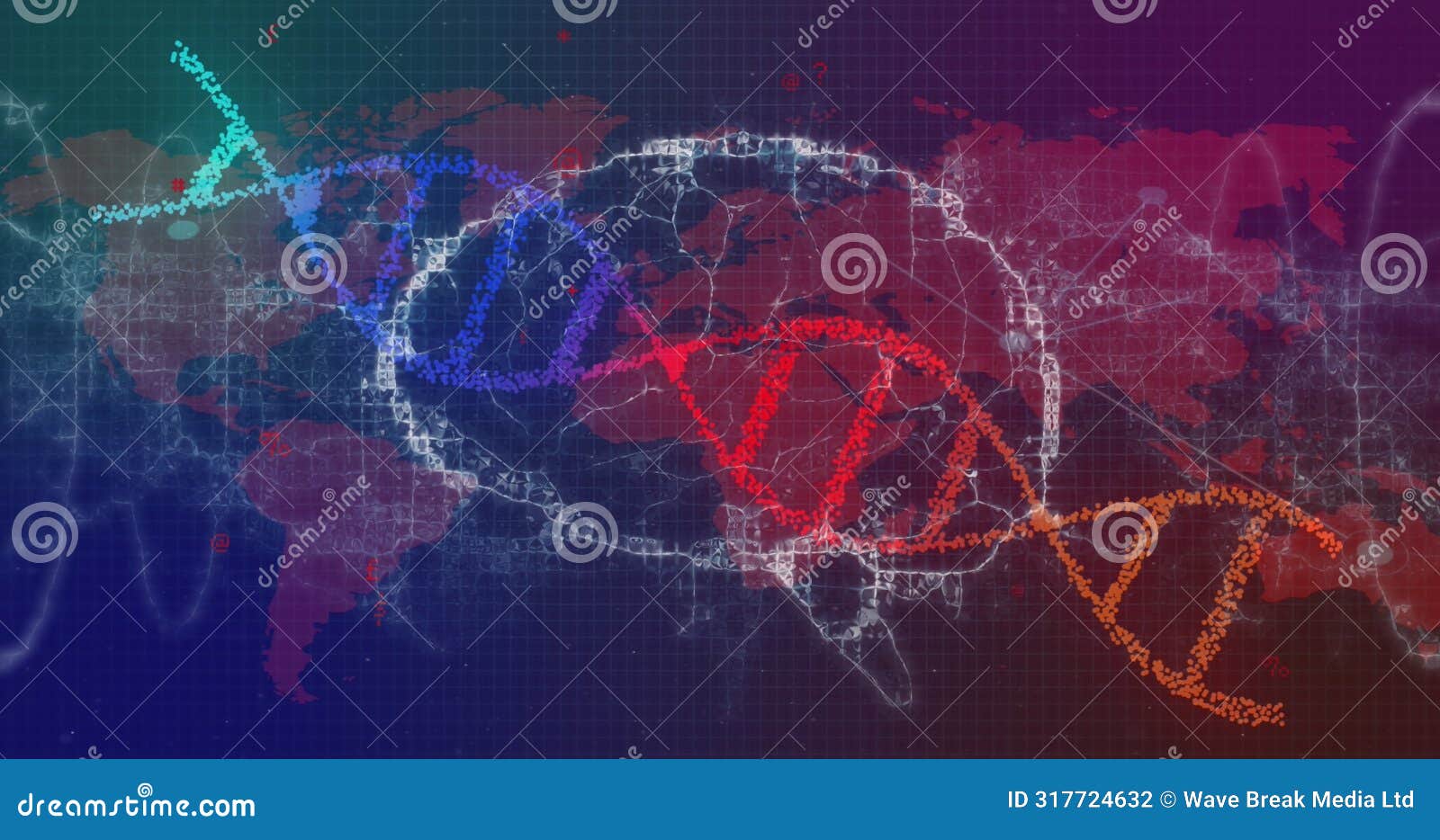 Image of Dna Strand, Human Brain Over World Map and Scientific Data ...
