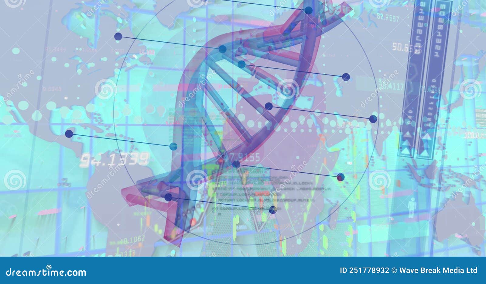Image of Dna Strand Over Data Processing and World Map Stock ...