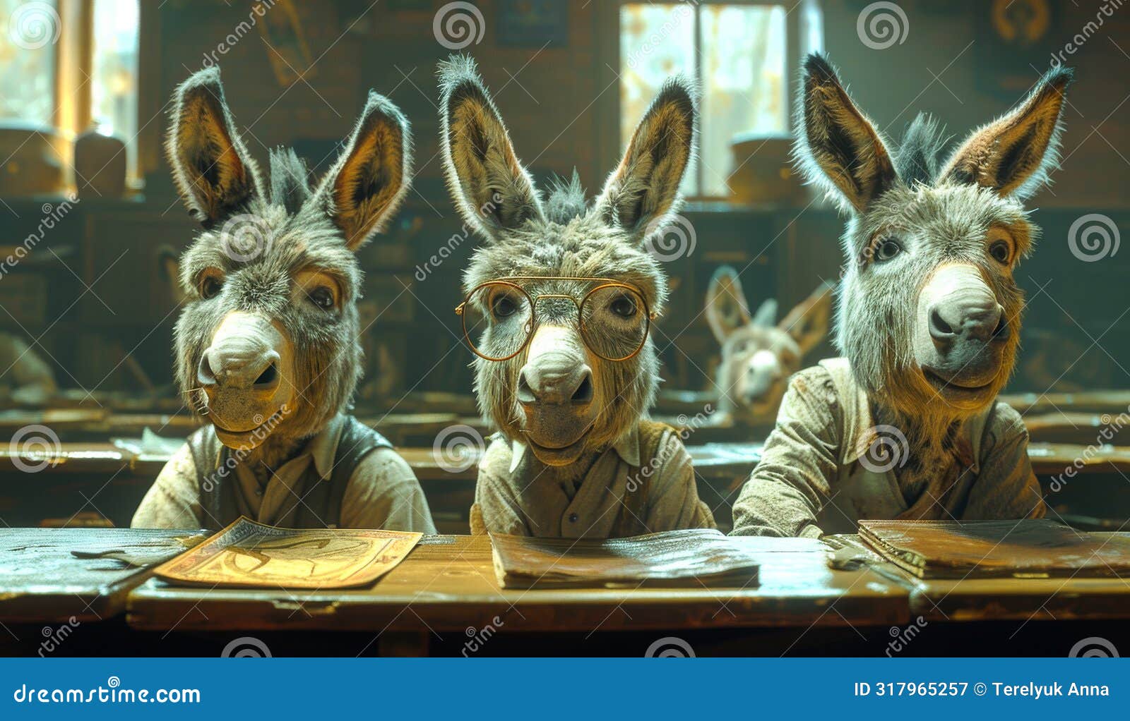 A Image of Donkeys Sitting in a Classroom. Three Donkeys Sit at Desk in ...