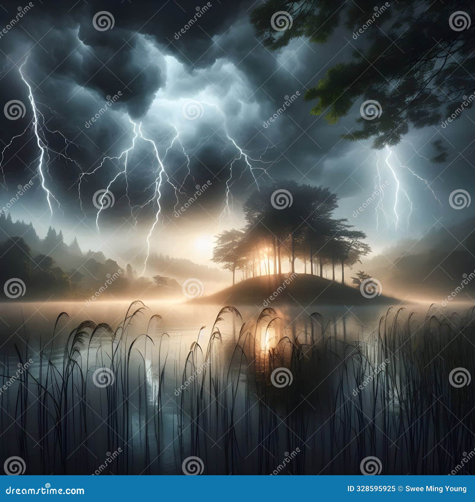 Image of Dramatic Rain,storm and Lighting Bombard the Lake at Golden ...