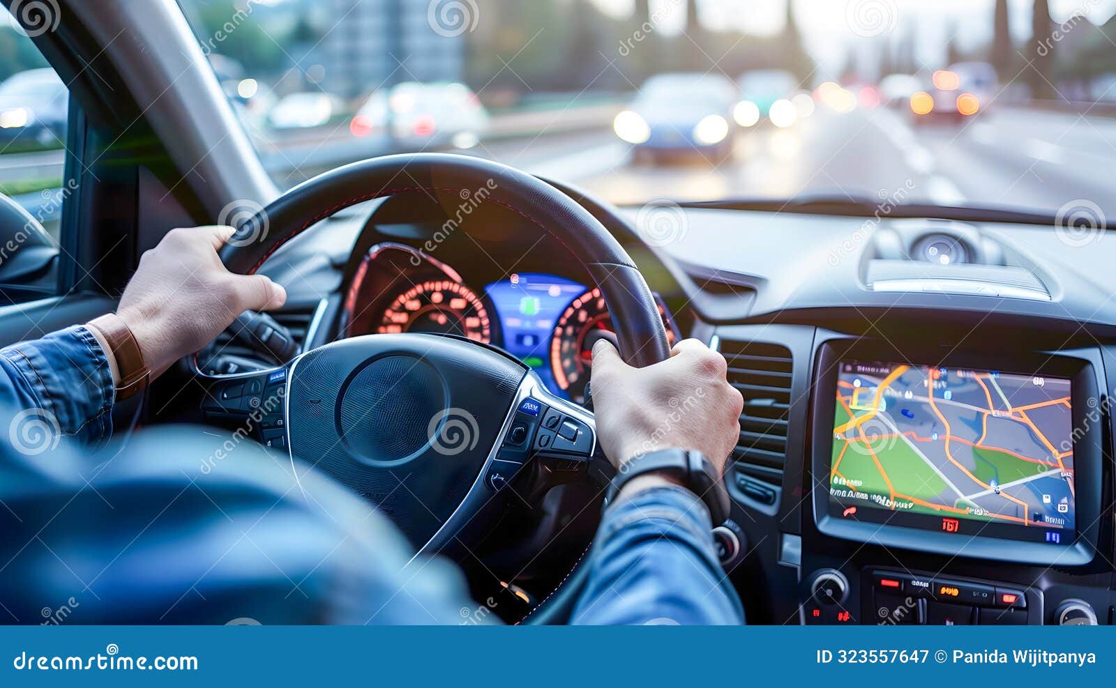 Image of a Driver S Hands on the Steering Wheel of a Car Using a GPS ...