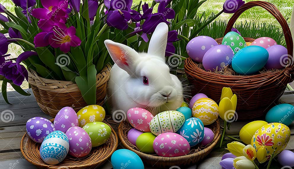 Easter Background, Easter Bunny ,Decorated Eggs and Cute Rabbit ...