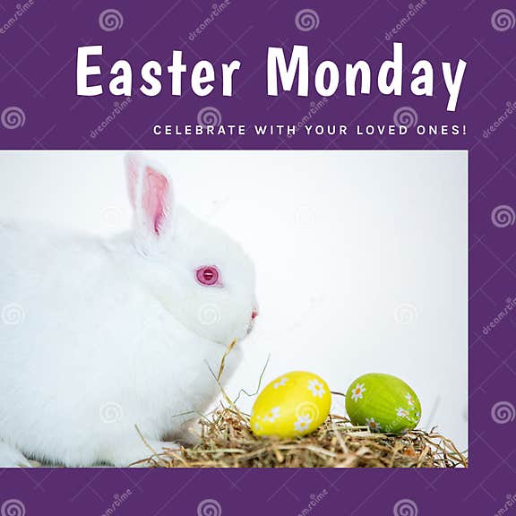 Image of Easter Monday Text Over Rabbit with Easter Eggs on White ...