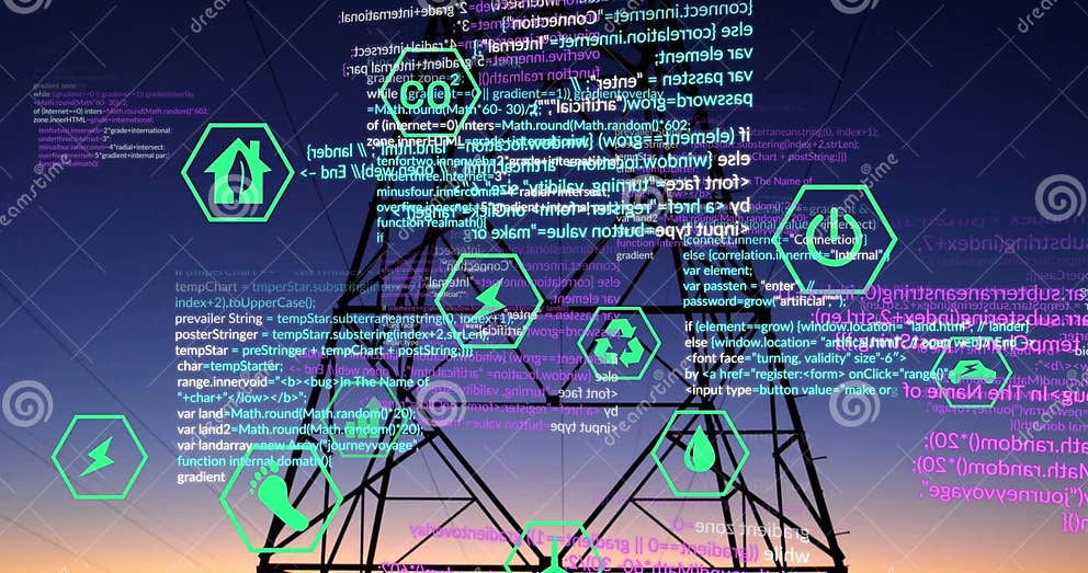 Image of Ecology Icons and Data Processing Over Electric Pylon Stock Image - Image of ...