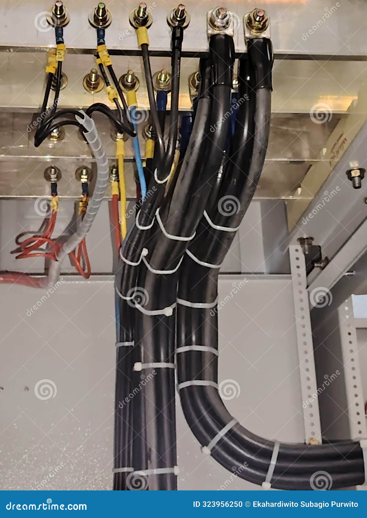 Image of Electric Wires Connected To Common Copper Bars in Electrical ...