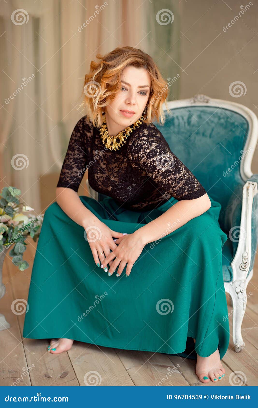 Image Of Elegant Girl Sitting In Retro Style Armchair Redhaired Curly