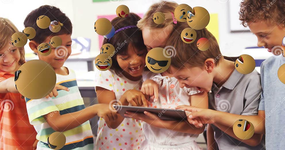 Image of Emoticons Floating Over Diverse Children Laughing and Using ...