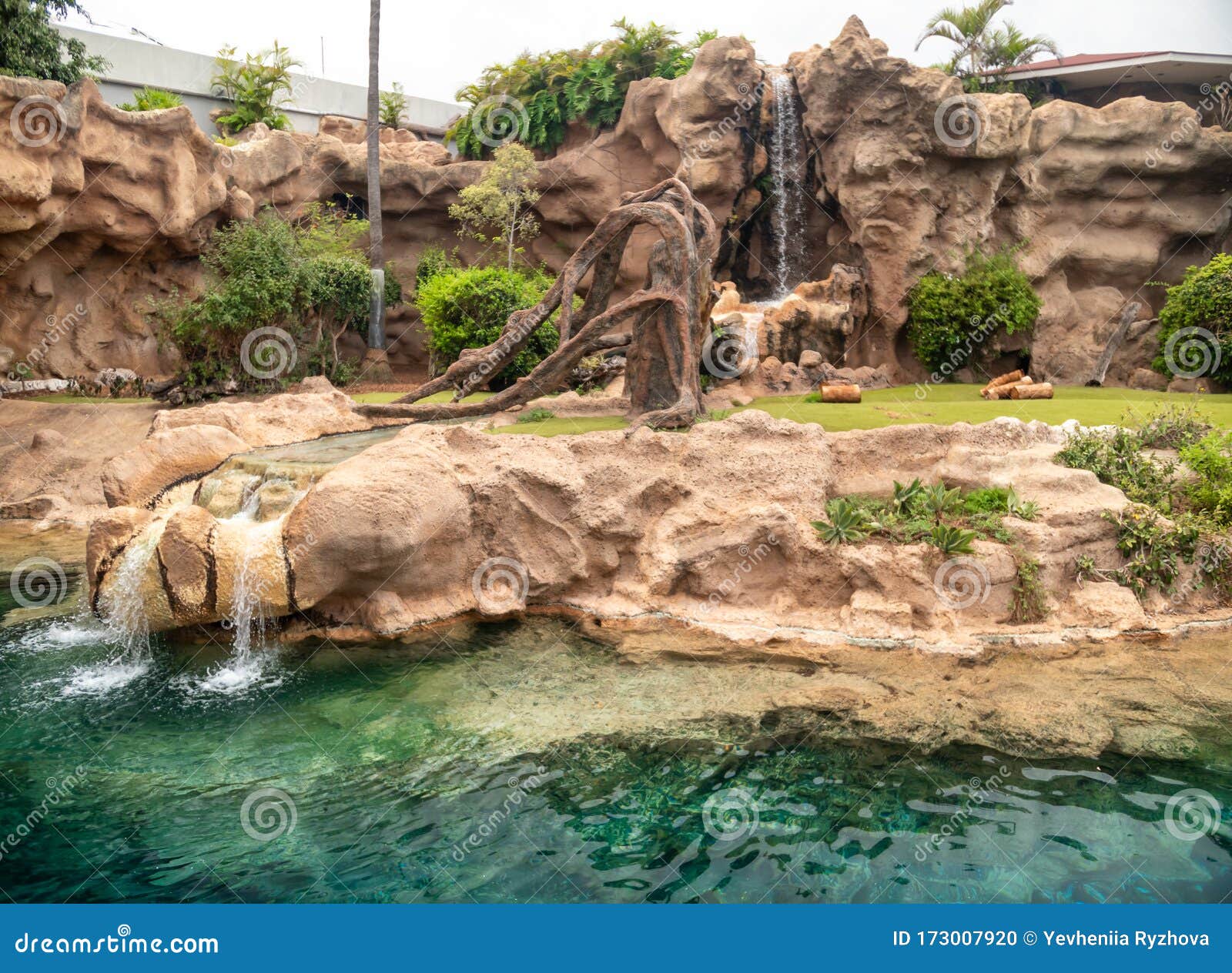Image of Empty Aviary with Waterfall and Pond for Predators in the Zoo ...