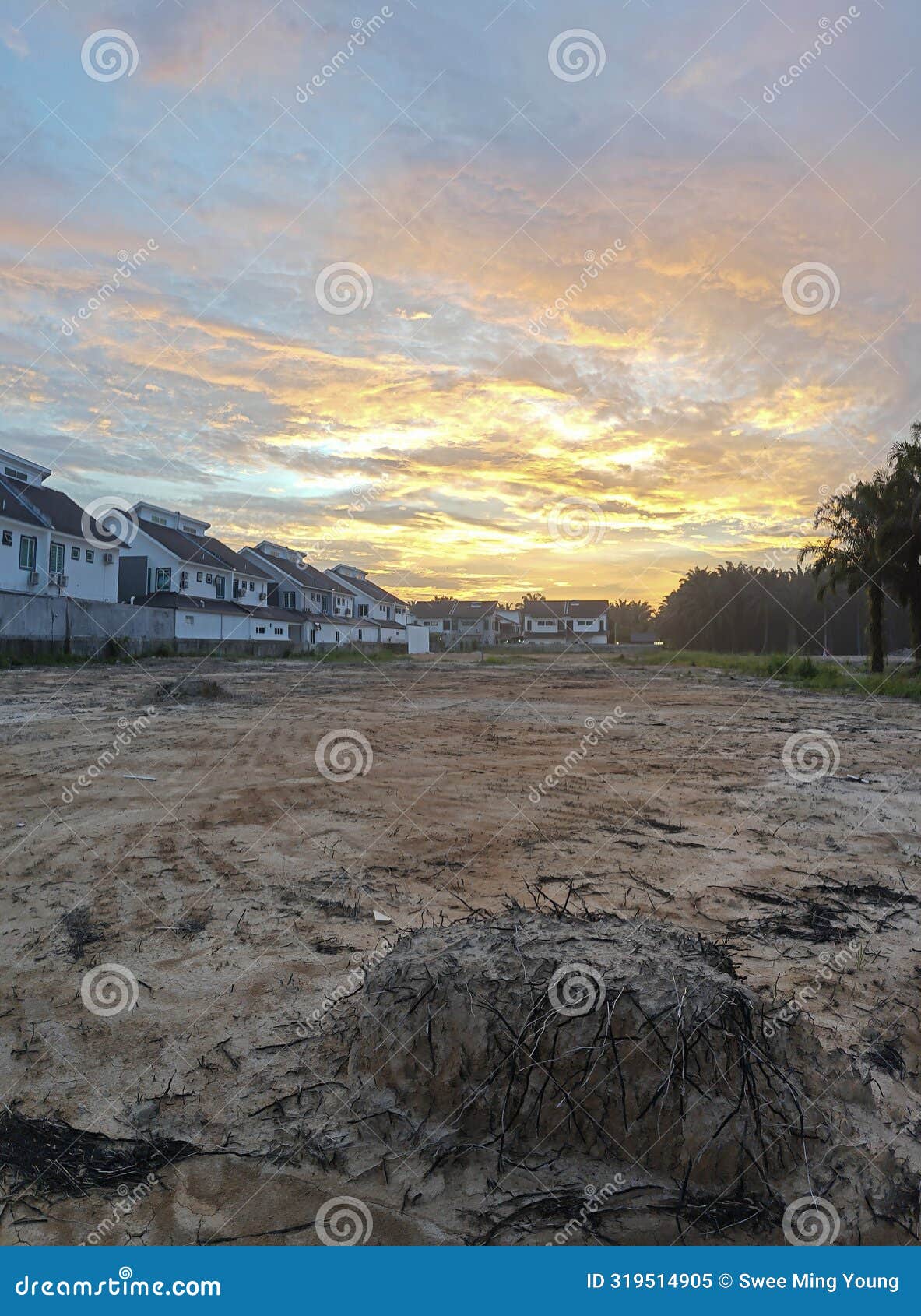 An Empty Plot of Land Scene Besides a Residential Row of Houses. Stock ...