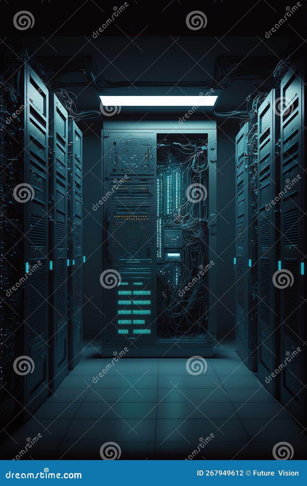 Image of Empty Server Room with Blue Glowing Light, Created Using ...