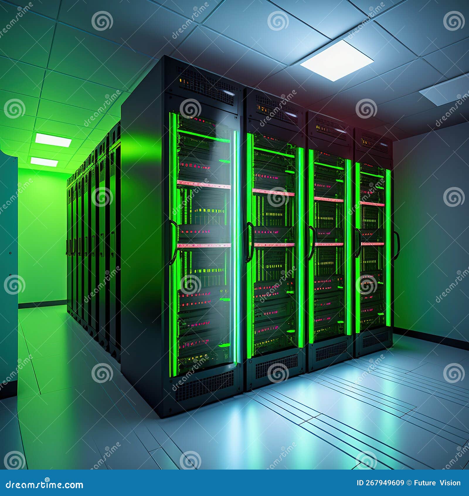 Image of Empty Server Room with Green Glowing Lights Created Using ...