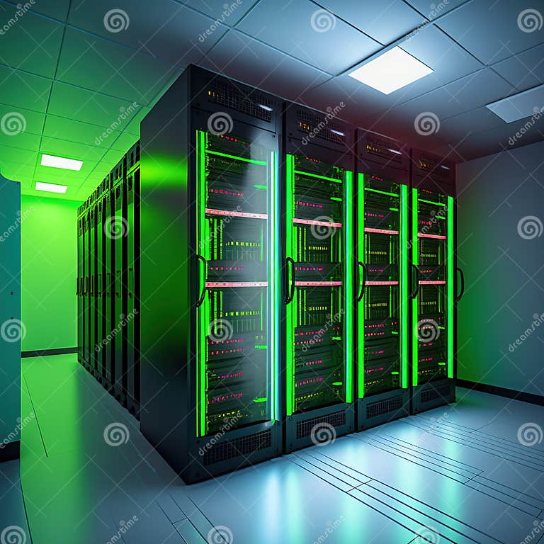 Image of Empty Server Room with Green Glowing Lights Created Using ...
