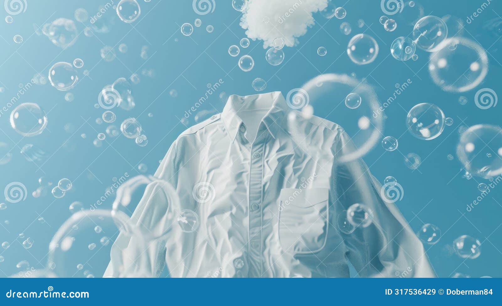 White Shirt Floating Surrounded by Bubbles Against a Blue Background ...