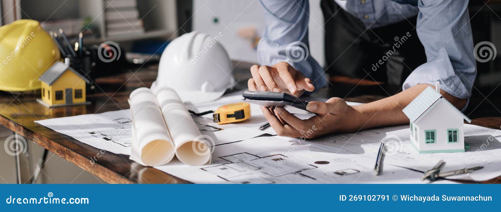 Image of Engineer Drawing a Blue Print Design Building or House, an ...