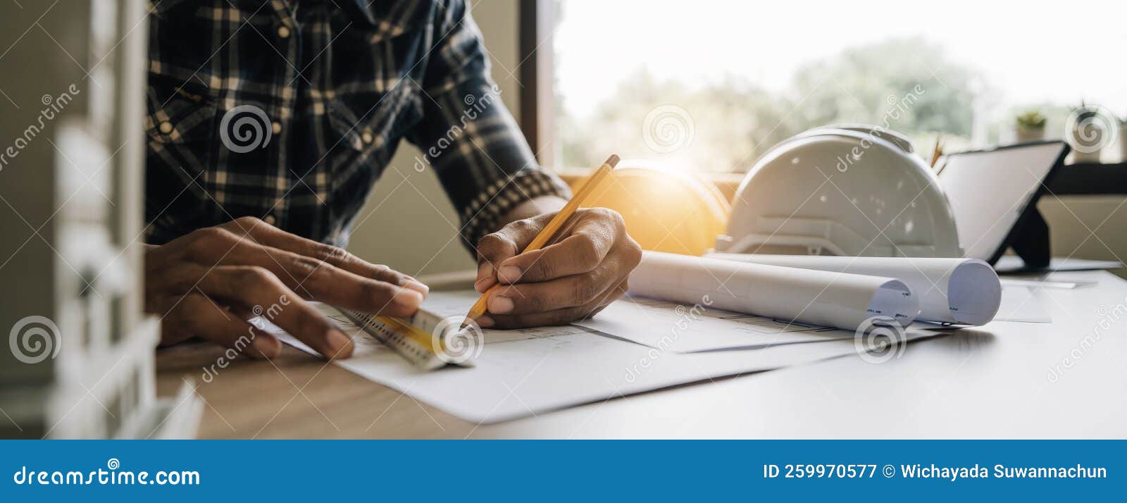 Image of Engineer Drawing a Blue Print Design Building or House, an ...