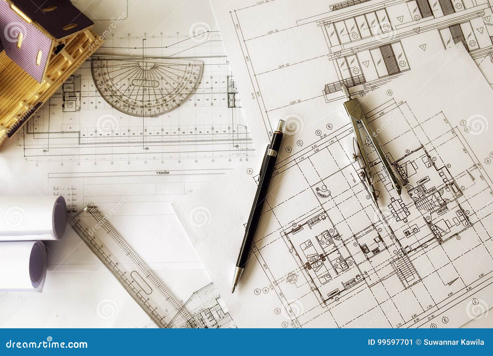 Image of Engineering Objects on Workplace Top View.Construction Stock ...