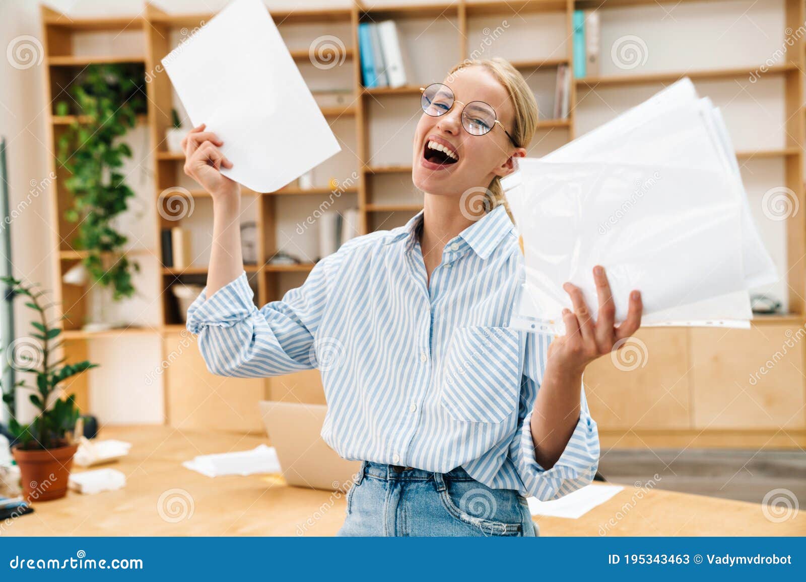 Image of Excited Attractive Woman Making Fun with Documents Stock Image ...